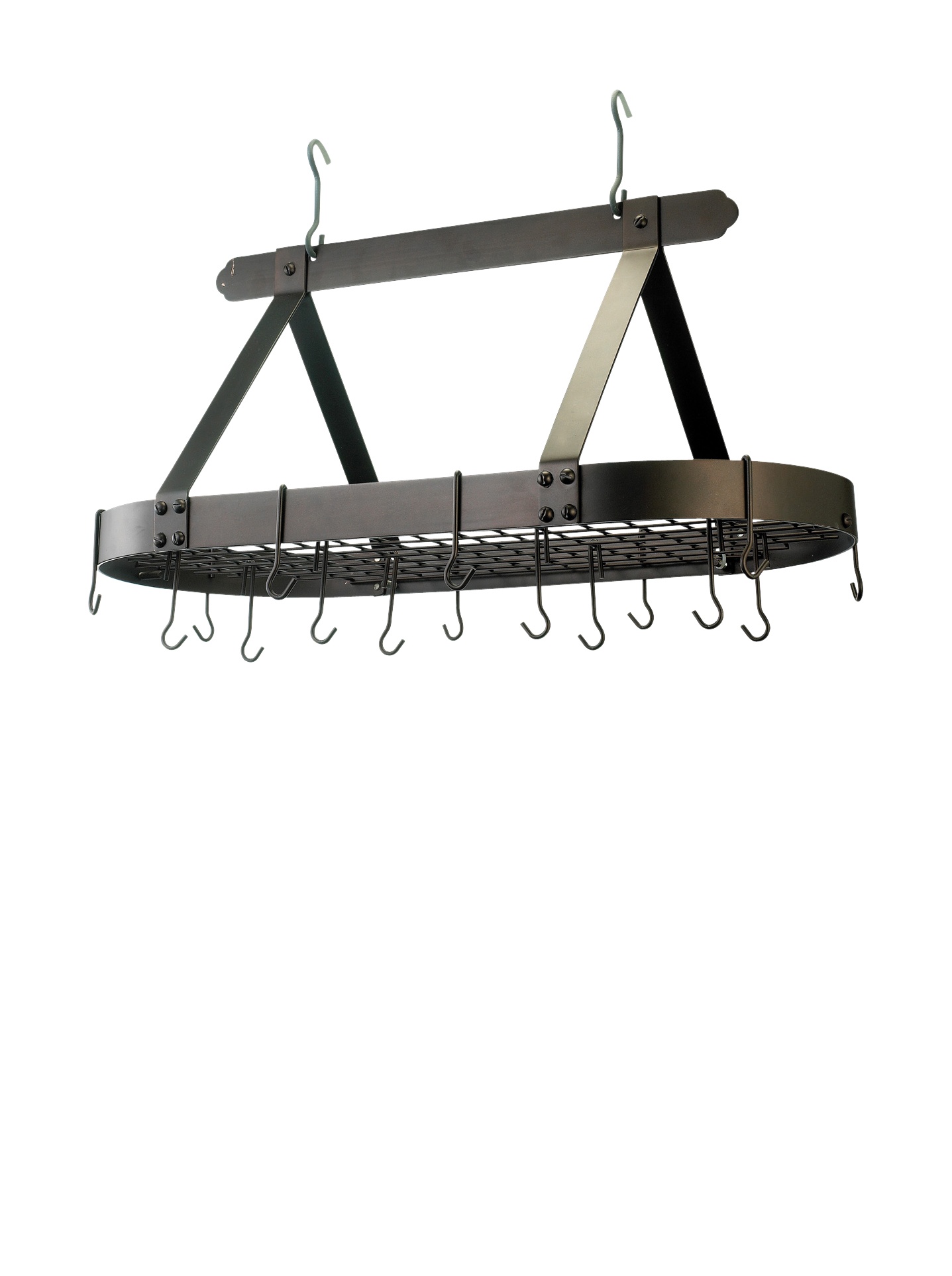 Old Dutch Oval Steel Pot Rack w. Grid & 16 Hooks, Oiled Bronze, 36" x 19" x 15.5"