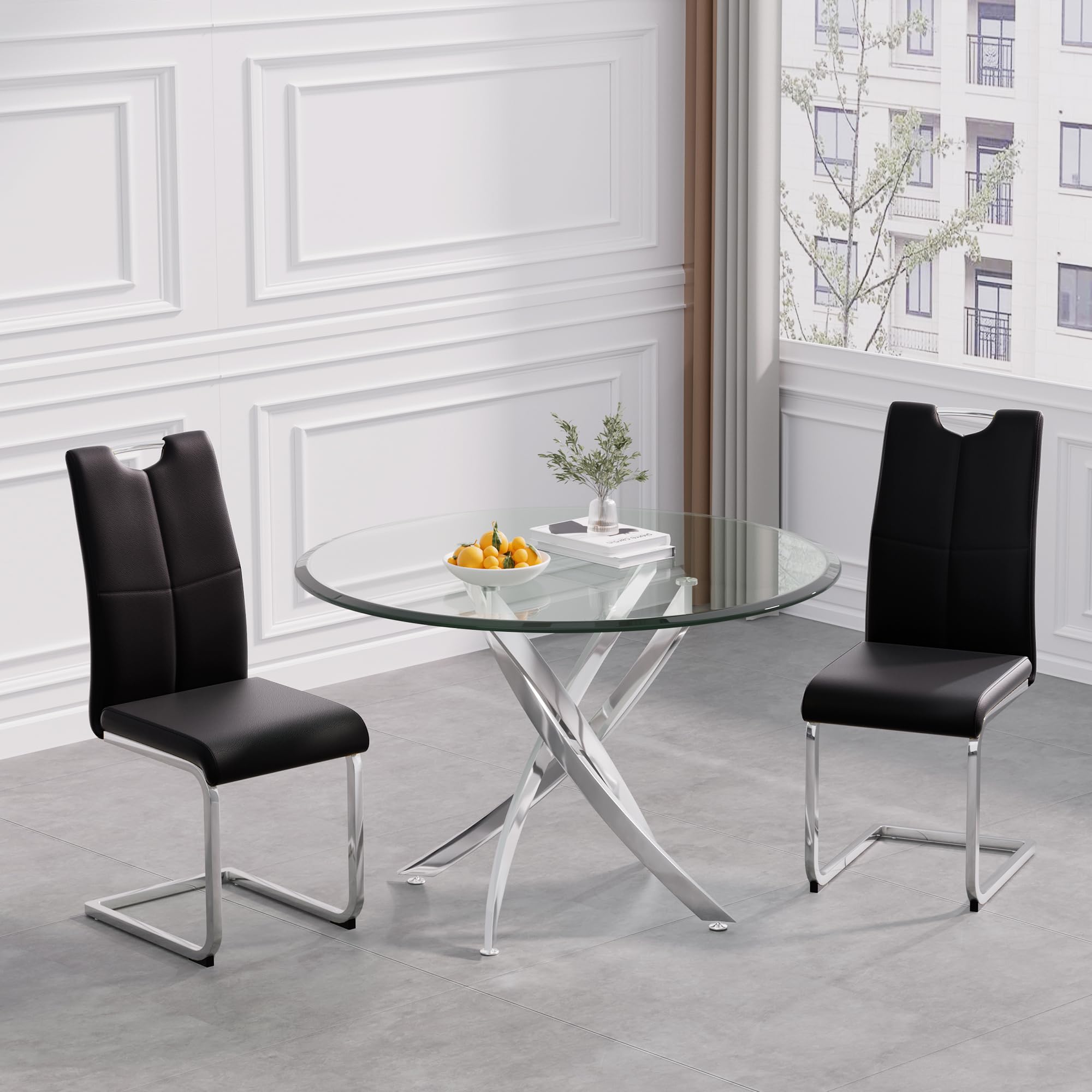 36" Round Dining Table for 4, Glass Kitchen & Dining Room Tables, Modern Circle Dining Room Table w/0.39" Tempered Glass Tabletop,Silver Finish Stainless Steel Legs for Dinner Small Space(No Chairs)