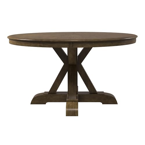 24/7 Shop at Home Van Lin Farmhouse 54-inch Solid Wood Round Dining Table with Trestle Pedestal Base, for Kitchen, Living Room, Entryway, Small Spaces, 54D x 54W x 30H in, Light Oak