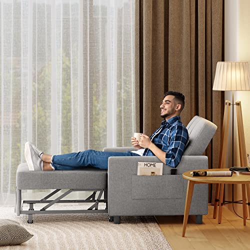 Convertible Sleeper Sofa Chair Bed, 3-in-1 Single Convertible Chair Bed, Adjustable Chair with Pillow and Pocket, Multi-Functional Sleeper Chair with Modern Linen Fabric for Apartment, Light Gray