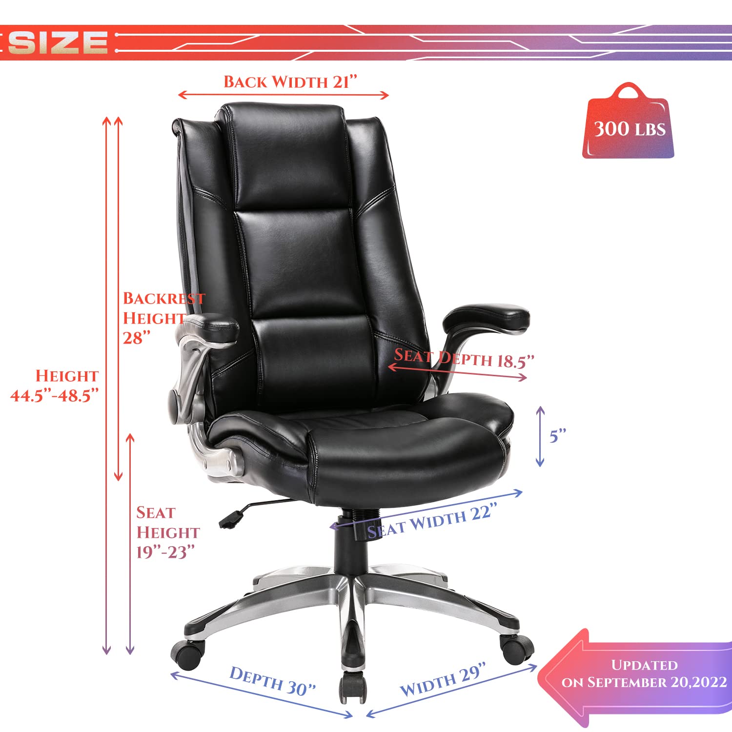 COLAMY Office Chair High Back Leather Desk Chair, Flip-up Arms Adjustable Swivel Executive Chair Thick Padding for Comfort and Ergonomic Design for Home Office, Black