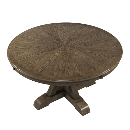 24/7 Shop at Home Van Lin Farmhouse 54-inch Solid Wood Round Dining Table with Trestle Pedestal Base, for Kitchen, Living Room, Entryway, Small Spaces, 54D x 54W x 30H in, Light Oak