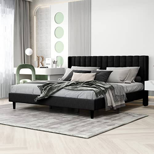 Gruwans Upholstered Bed Frame King with Wingback Headboard/No Box Spring Needed/Wooden Slat Support/Easy Assemble/Black