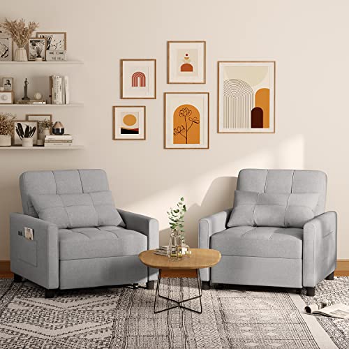 Convertible Sleeper Sofa Chair Bed, 3-in-1 Single Convertible Chair Bed, Adjustable Chair with Pillow and Pocket, Multi-Functional Sleeper Chair with Modern Linen Fabric for Apartment, Light Gray