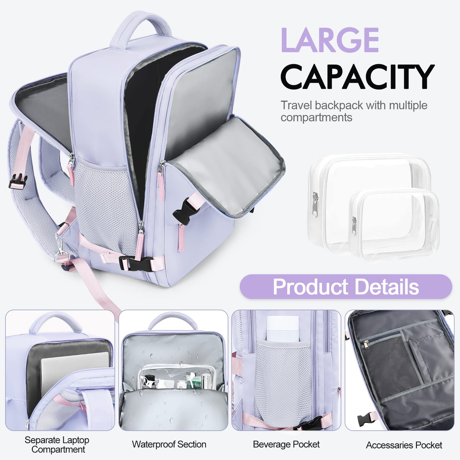 Rinlist Travel Laptop Backpack Carry On Backpack for Men Women Flight Approved College School Computer Bag for Business Hiking Personal Item Backpack Fits 15.6 Inch Notebook Purple
