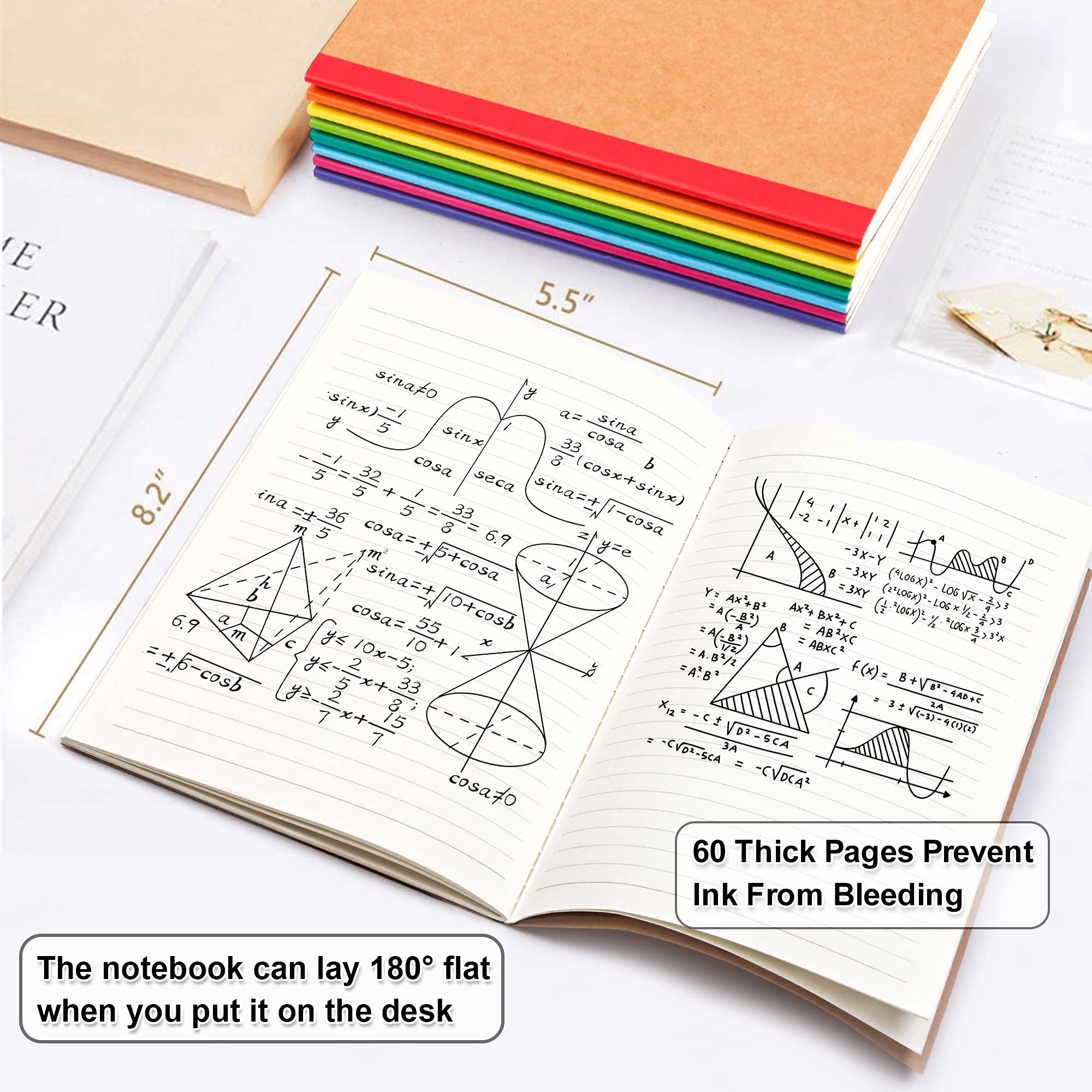 feela 8 Pack Composition Notebooks Bulk, Kraft Cover Lined Blank College Ruled Composition Travel Journals with Rainbow Spines For Women Students Business, 60 Pages, 8.3”x 5.5”, A5, 8 Colors