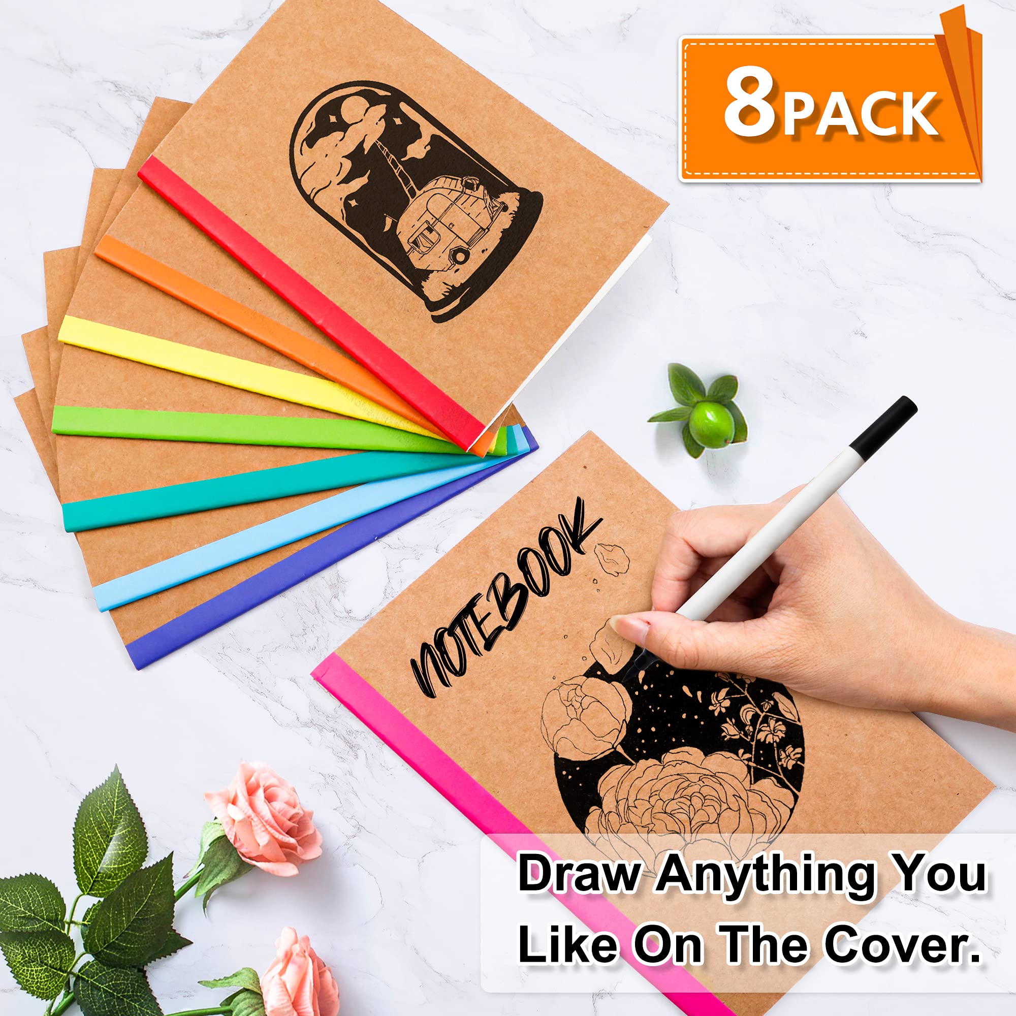 feela 8 Pack Composition Notebooks Bulk, Kraft Cover Lined Blank College Ruled Composition Travel Journals with Rainbow Spines For Women Students Business, 60 Pages, 8.3”x 5.5”, A5, 8 Colors