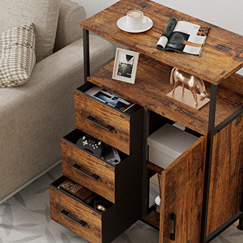 Furnulem Industrial Storage Cabinet with 3 Drawers and Door,2 Tiers Shelves Wood Floor Cabinet with Sturdy Frame for Bathroom,Entryway,Office,Kitchen