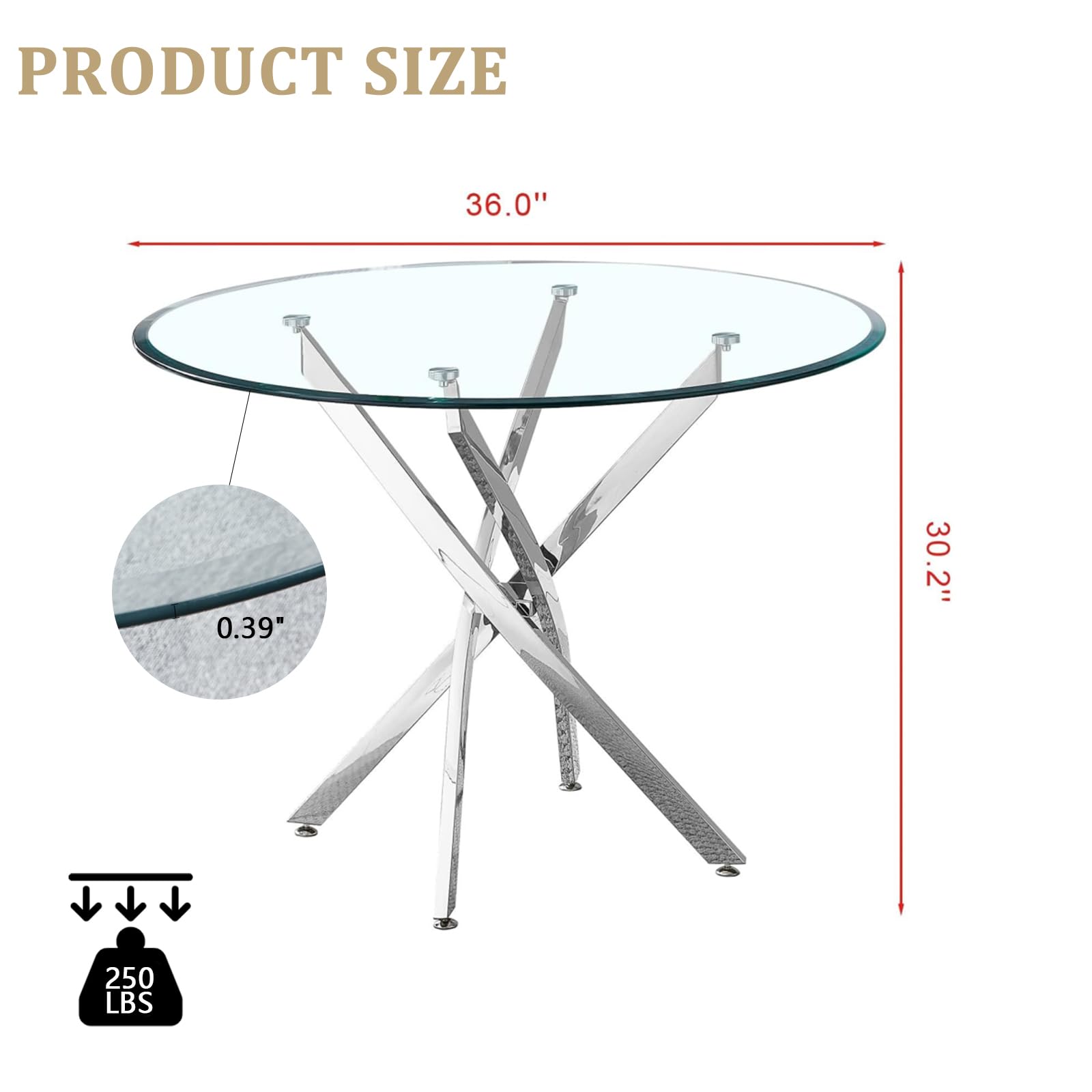 36" Round Dining Table for 4, Glass Kitchen & Dining Room Tables, Modern Circle Dining Room Table w/0.39" Tempered Glass Tabletop,Silver Finish Stainless Steel Legs for Dinner Small Space(No Chairs)