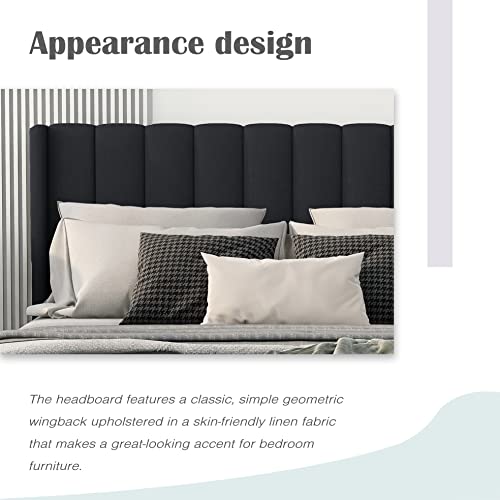 Gruwans Upholstered Bed Frame King with Wingback Headboard/No Box Spring Needed/Wooden Slat Support/Easy Assemble/Black