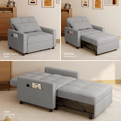 Convertible Sleeper Sofa Chair Bed, 3-in-1 Single Convertible Chair Bed, Adjustable Chair with Pillow and Pocket, Multi-Functional Sleeper Chair with Modern Linen Fabric for Apartment, Light Gray