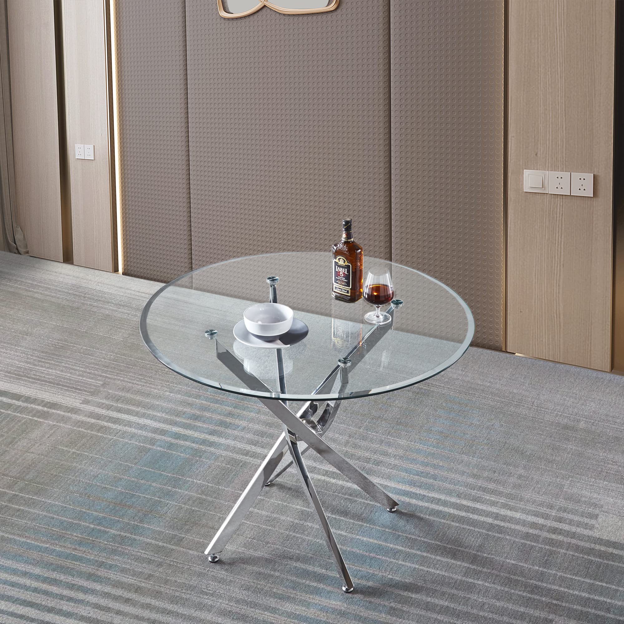 36" Round Dining Table for 4, Glass Kitchen & Dining Room Tables, Modern Circle Dining Room Table w/0.39" Tempered Glass Tabletop,Silver Finish Stainless Steel Legs for Dinner Small Space(No Chairs)