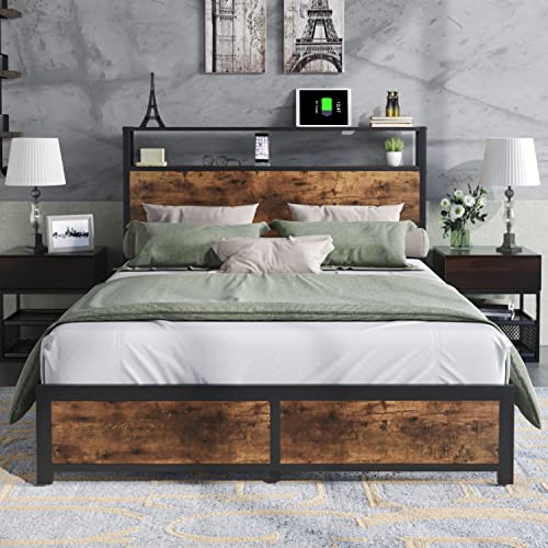 Catrimown Full Size Bed Frame with Storage Headboard Full Platform Bed Frame with 2 Tier Headboard Industrial Wood Queen Bed Frames No Box Spring Needed Noise Free, Rustic Brown