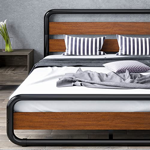 SHA CERLIN King Size Platform Bed Frame with Wooden Headboard and Footboard, Heavy Duty Metal Bed Frame with 10" Under-Bed Storage, Noise-Free, No Box Spring Needed, Walnut