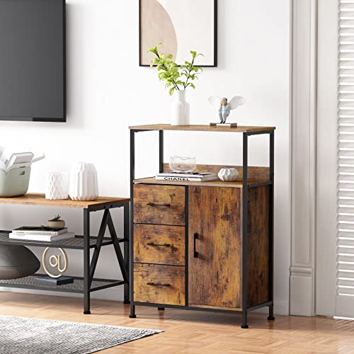Furnulem Industrial Storage Cabinet with 3 Drawers and Door,2 Tiers Shelves Wood Floor Cabinet with Sturdy Frame for Bathroom,Entryway,Office,Kitchen