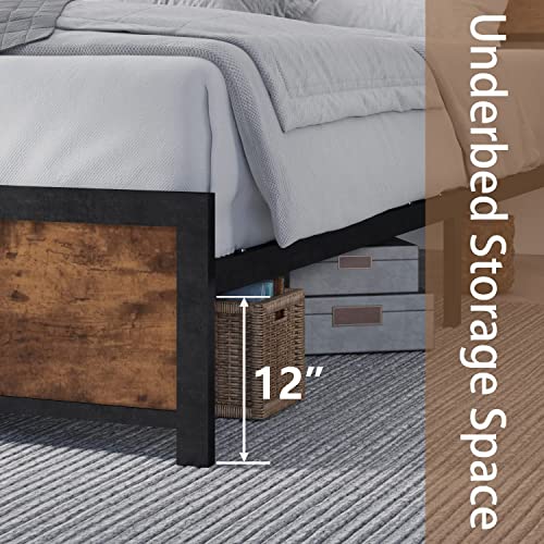 Catrimown Full Size Bed Frame with Storage Headboard Full Platform Bed Frame with 2 Tier Headboard Industrial Wood Queen Bed Frames No Box Spring Needed Noise Free, Rustic Brown