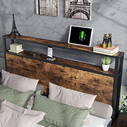 Catrimown Full Size Bed Frame with Storage Headboard Full Platform Bed Frame with 2 Tier Headboard Industrial Wood Queen Bed Frames No Box Spring Needed Noise Free, Rustic Brown