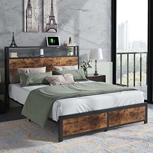 Catrimown Full Size Bed Frame with Storage Headboard Full Platform Bed Frame with 2 Tier Headboard Industrial Wood Queen Bed Frames No Box Spring Needed Noise Free, Rustic Brown