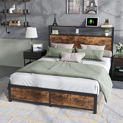 Catrimown Full Size Bed Frame with Storage Headboard Full Platform Bed Frame with 2 Tier Headboard Industrial Wood Queen Bed Frames No Box Spring Needed Noise Free, Rustic Brown