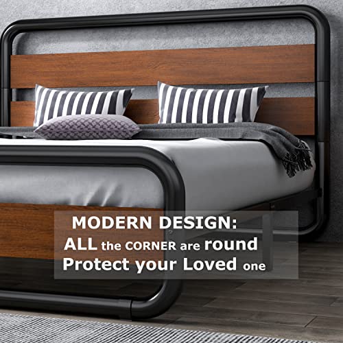 SHA CERLIN King Size Platform Bed Frame with Wooden Headboard and Footboard, Heavy Duty Metal Bed Frame with 10" Under-Bed Storage, Noise-Free, No Box Spring Needed, Walnut