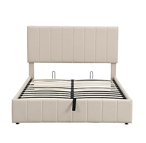 Upholstered Platform Bed with Gas Lift up Storage, Full Size Bed Frame with Storage Underneath and Tufted Headboard, Wooden Platform Bed with Hydraulic Storage System (New, Beige )