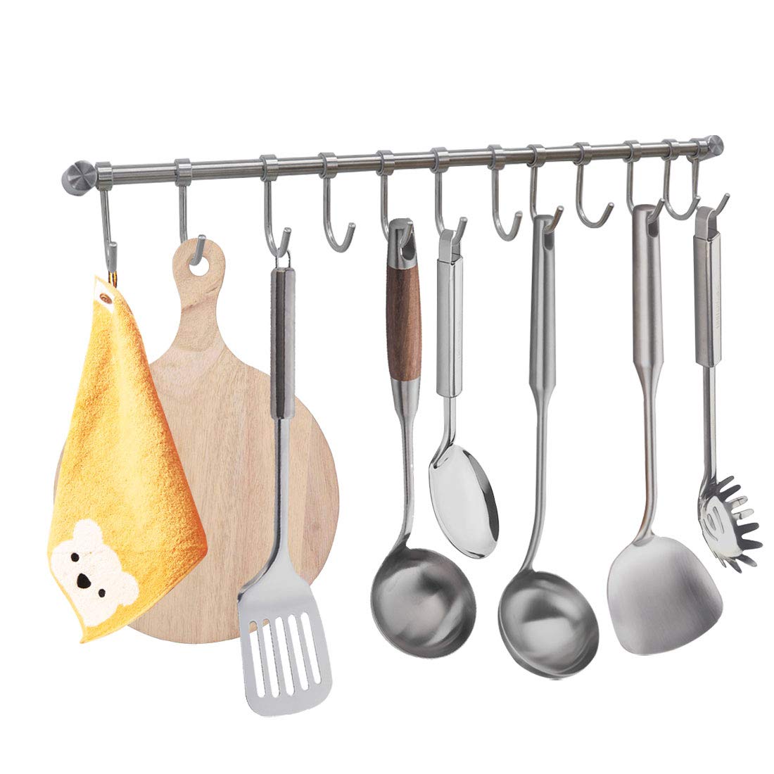 Wall Mounted Utensil Rack Stainless Steel Hanging Kitchen Rail with 12 Removable Hooks Hanger Organizer (22 inches)