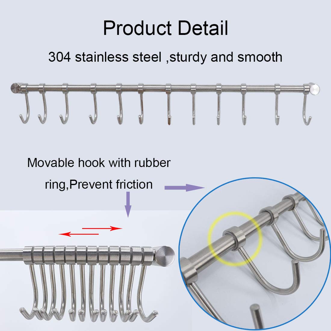Wall Mounted Utensil Rack Stainless Steel Hanging Kitchen Rail with 12 Removable Hooks Hanger Organizer (22 inches)