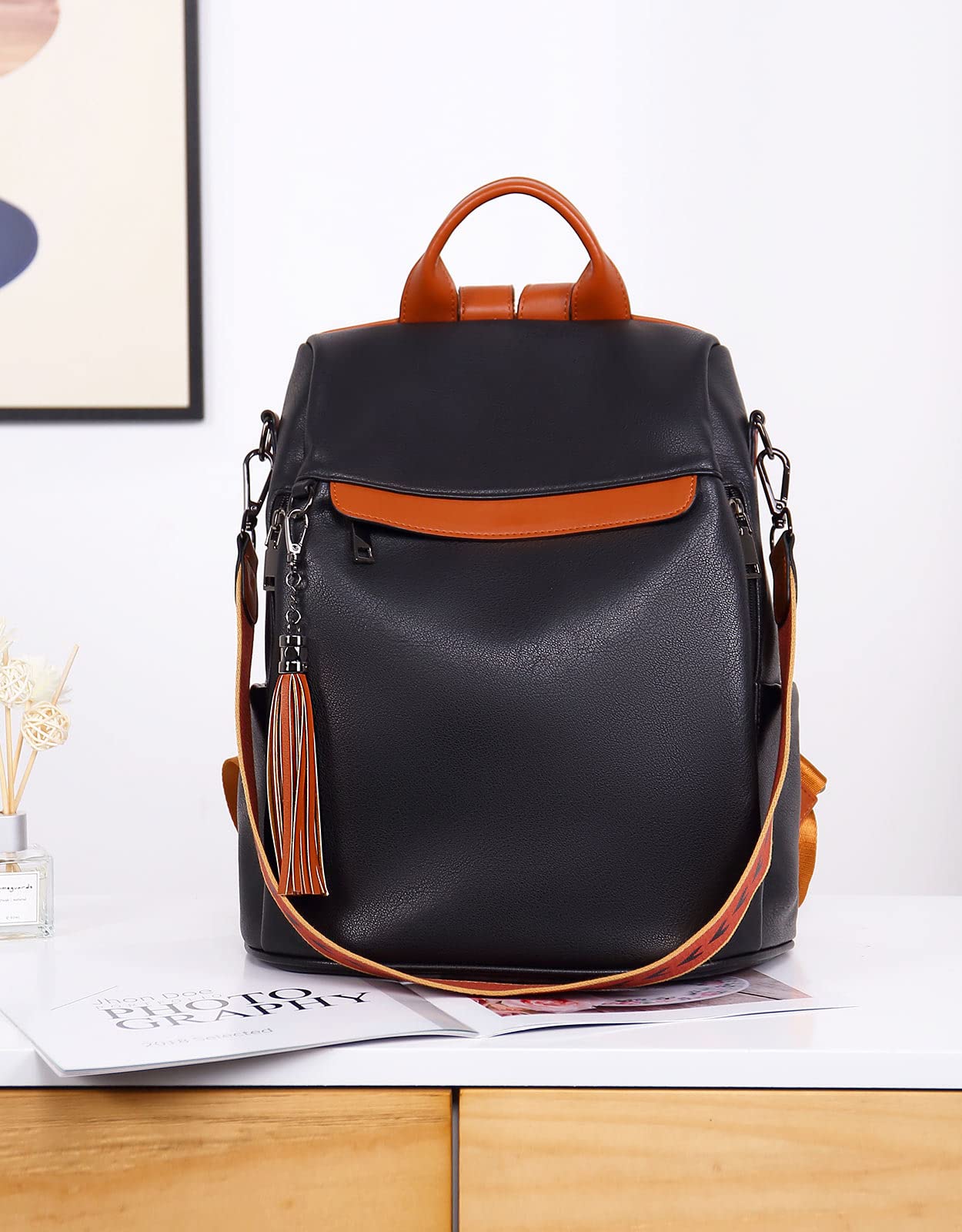 Telena Backpack Purse for Women, PU Leather Anti Theft Travel Purse Shoulder Bags with Tassel Contrast Black