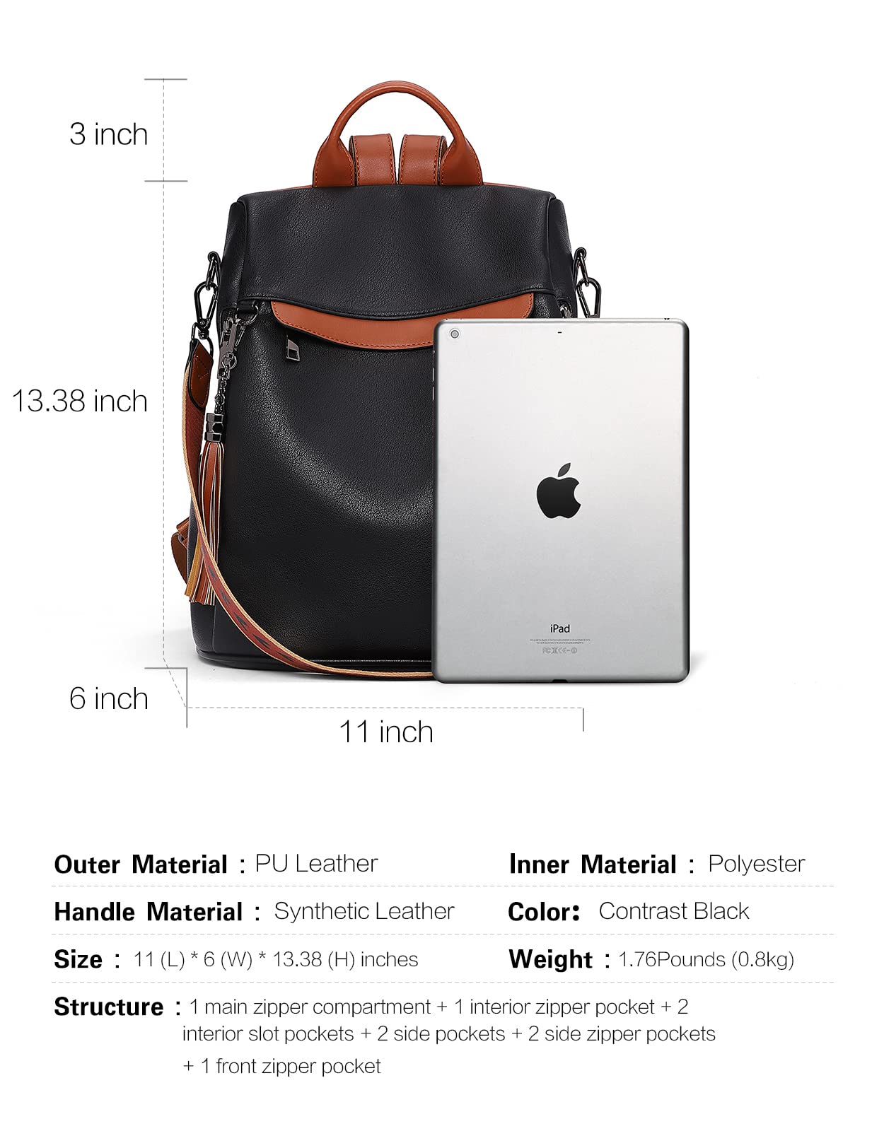 Telena Backpack Purse for Women, PU Leather Anti Theft Travel Purse Shoulder Bags with Tassel Contrast Black
