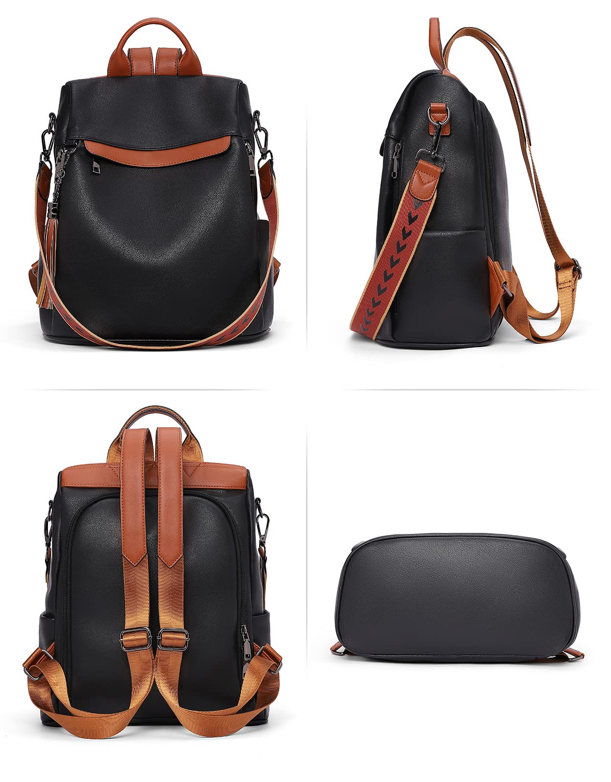 Telena Backpack Purse for Women, PU Leather Anti Theft Travel Purse Shoulder Bags with Tassel Contrast Black