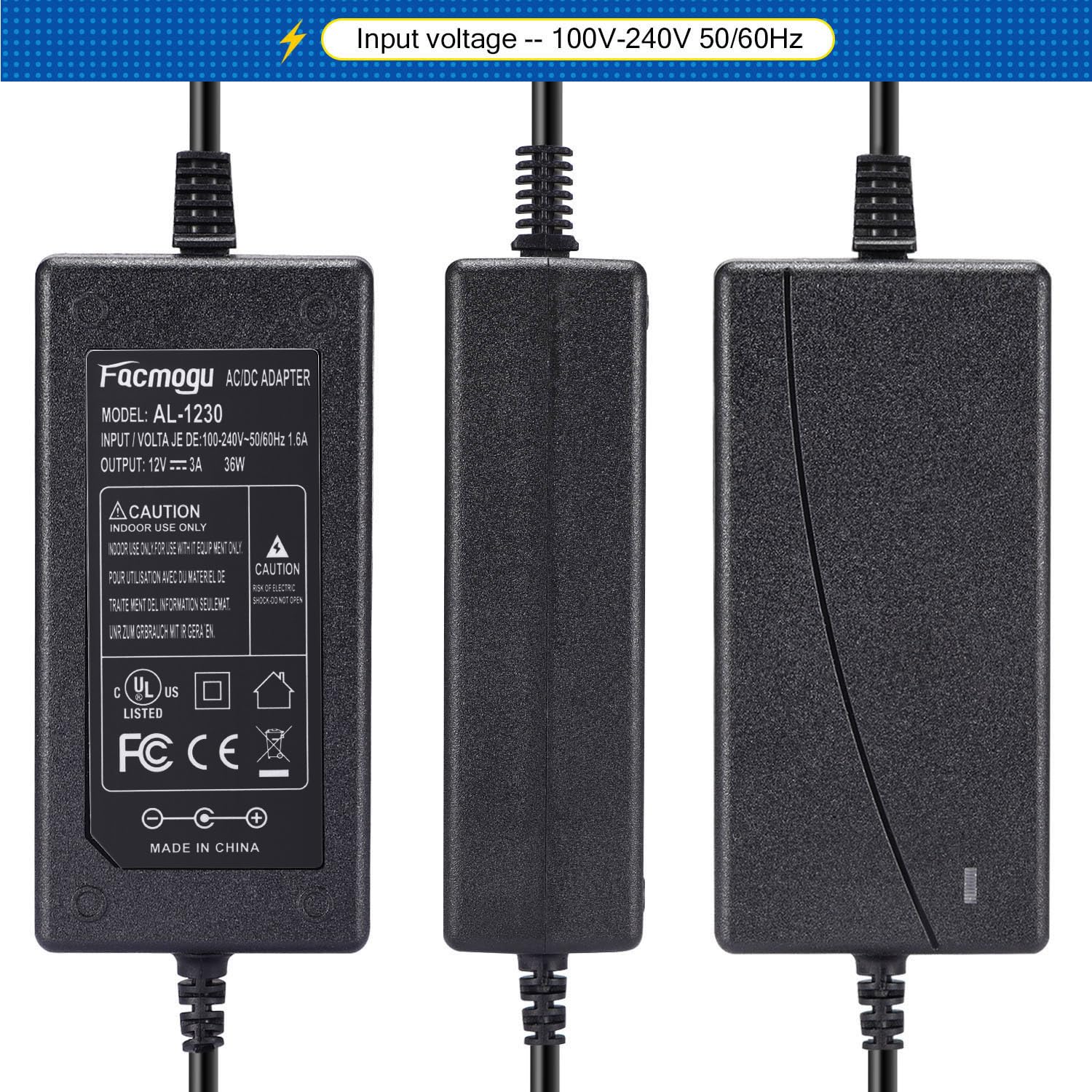 Facmogu DC 12V 3A Power Adapter, 100-240V AC to DC 12V 3A 36W Power Suppy with Barrel Connector 5.5x2.5mm & 5.5x2.1mm, 12 Volt 3 Amp Desktop Adpater 12V 3A Switching Transformer AC/DC Power Converter