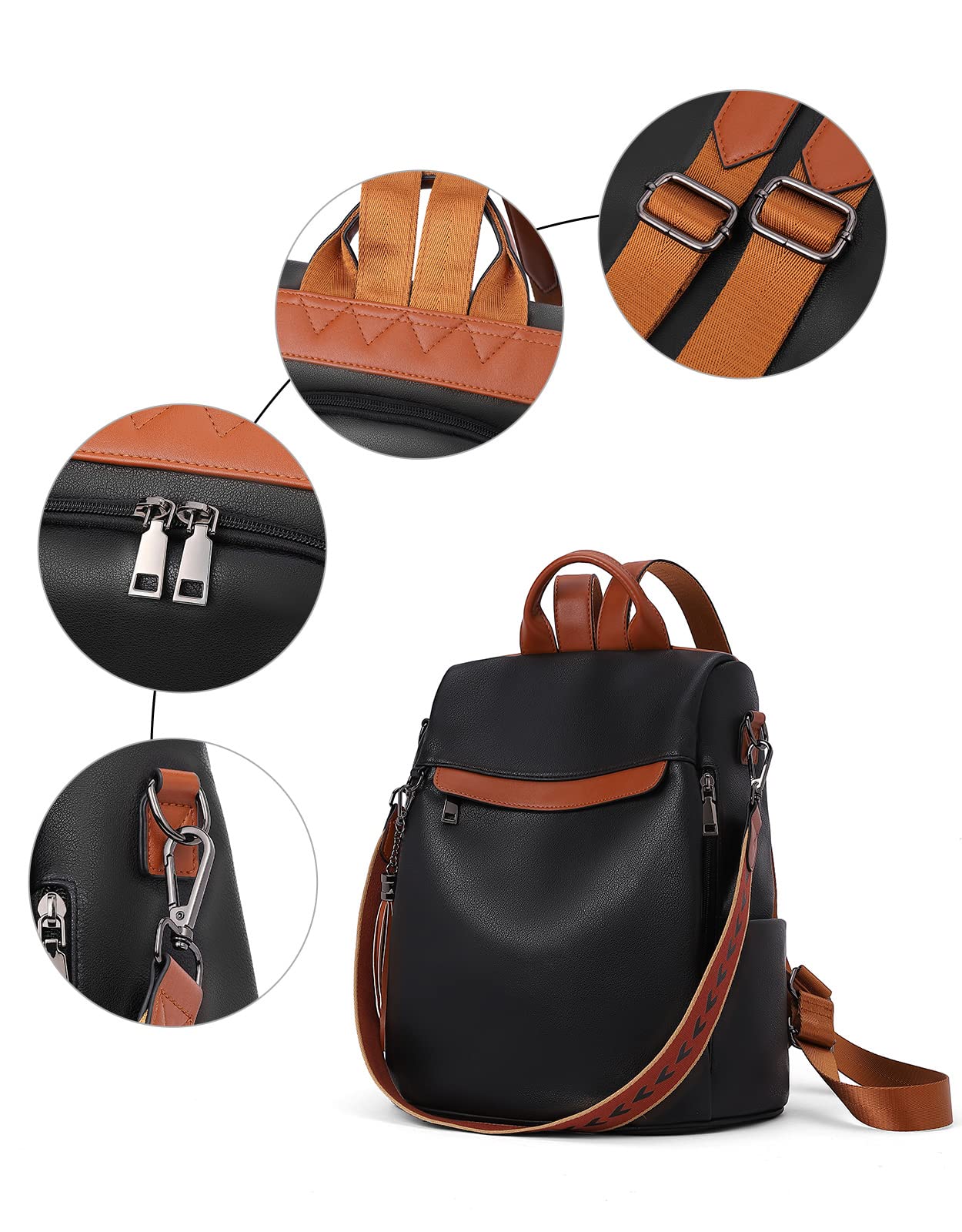Telena Backpack Purse for Women, PU Leather Anti Theft Travel Purse Shoulder Bags with Tassel Contrast Black