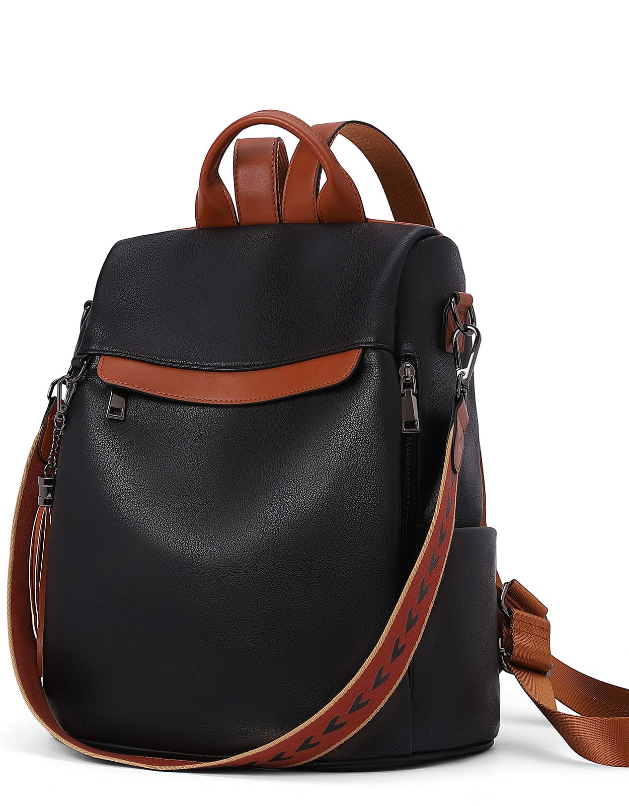 Telena Backpack Purse for Women, PU Leather Anti Theft Travel Purse Shoulder Bags with Tassel Contrast Black