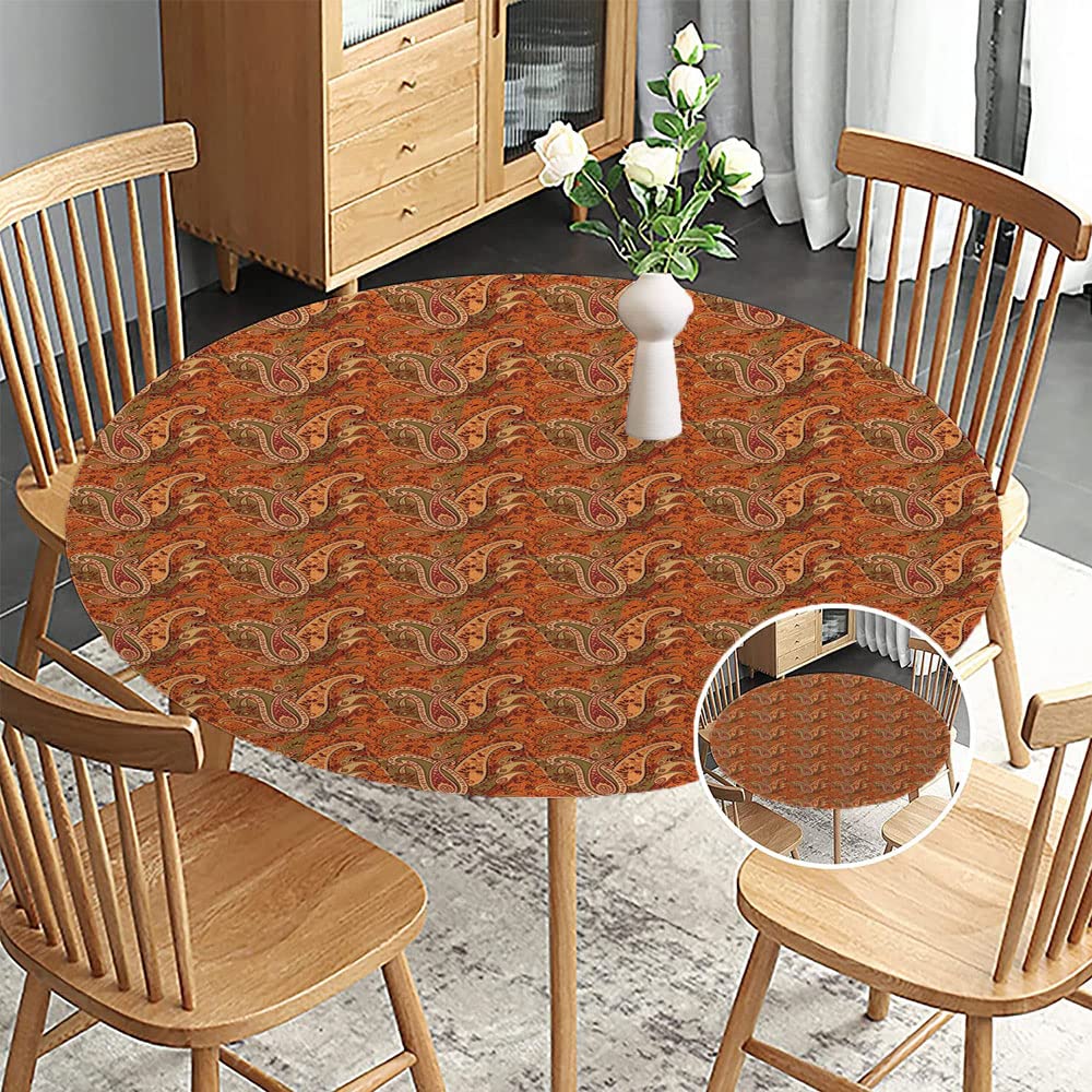 VBTGVE Round Fitted Paisleytablecloth, Paisley Pattern Floral Design with Leaves, Elastic Edge, Suitable for Dining Tables, self-Service Parties and Camping, Fit for 44" Table, Orange Green