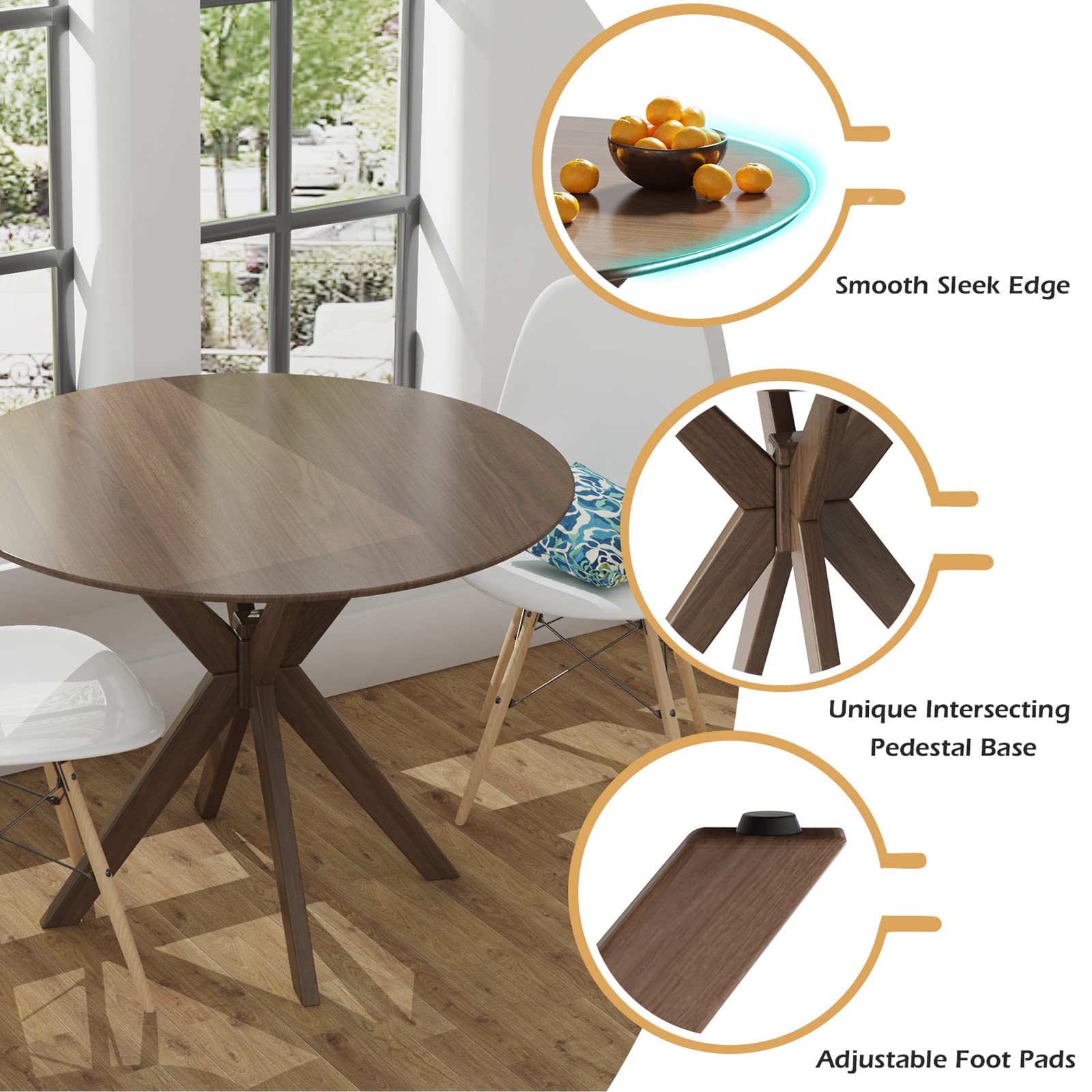 Giantex 36" Round Wood Dining Table, Farmhouse Kitchen Table w/Intersecting Pedestal Base & Solid Wood Legs, Vintage Coffee Table for Small Spaces, Brown