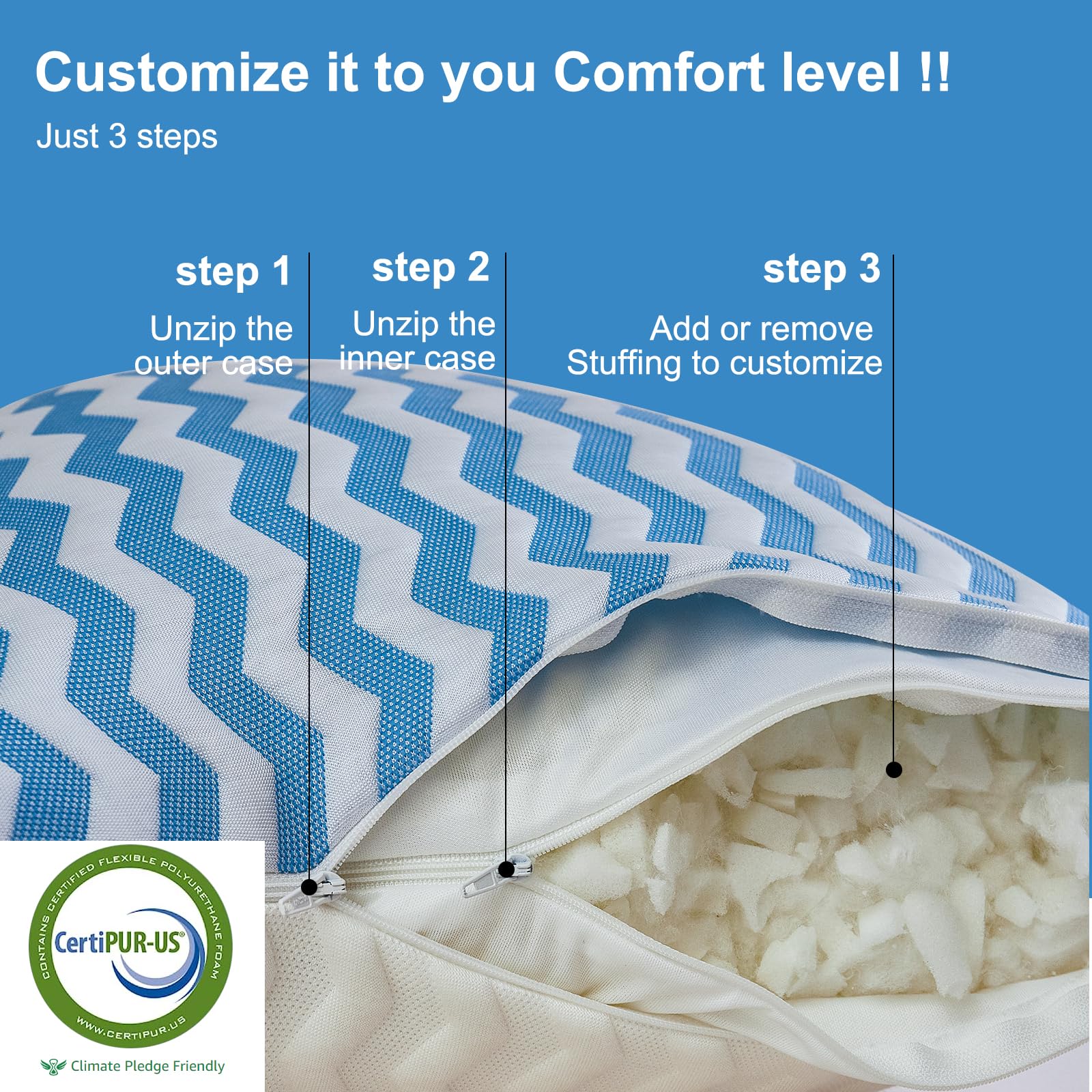 King Size Pillows - Adjustable Firm King Pillows for Back Stomach and Side Sleeper- Shredded Memory Foam Cooling Pillow for Neck and Shoulder Pain with Washable Cover and Bonus Foam Fill