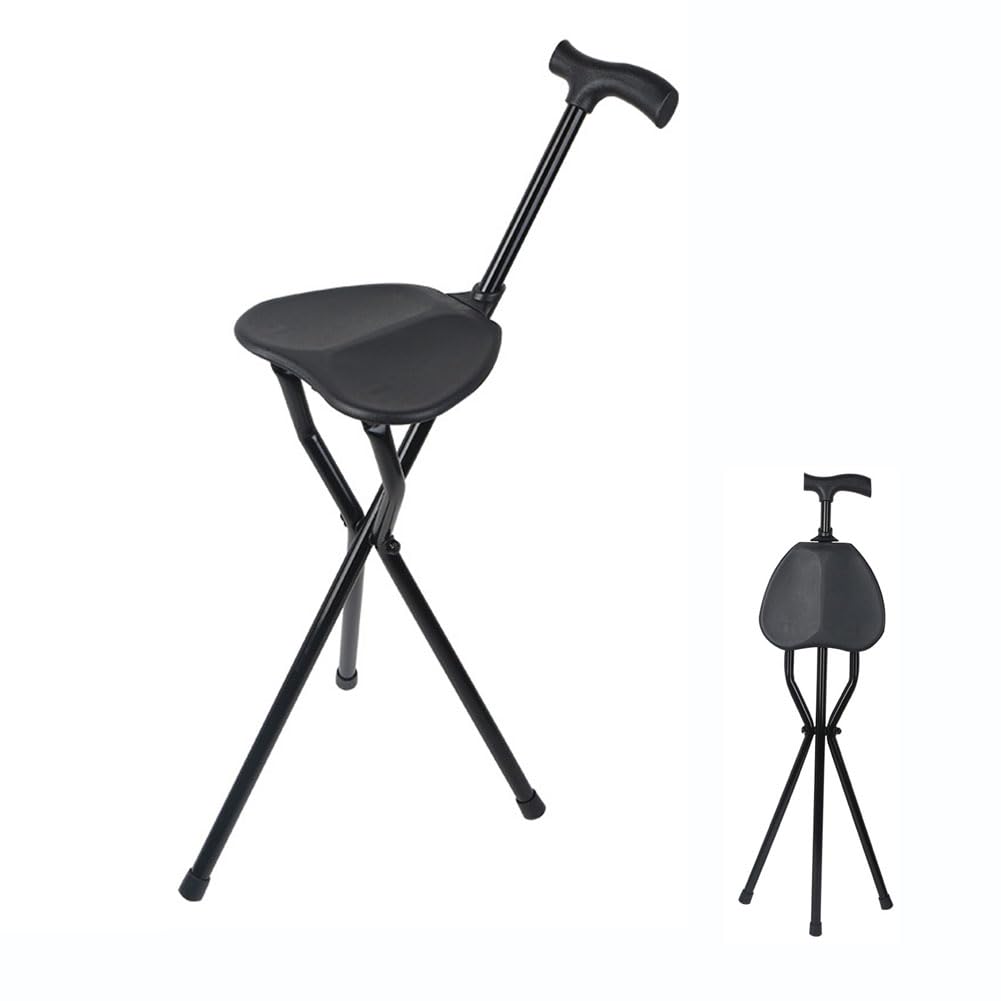 Folding Walking Stick Seat, Aluminium Cane Chair with Ergonomic Handle, Lightweight Non-Slip Crutch Stool for Elderly Seniors and Disabled 220 Lbs Capacity