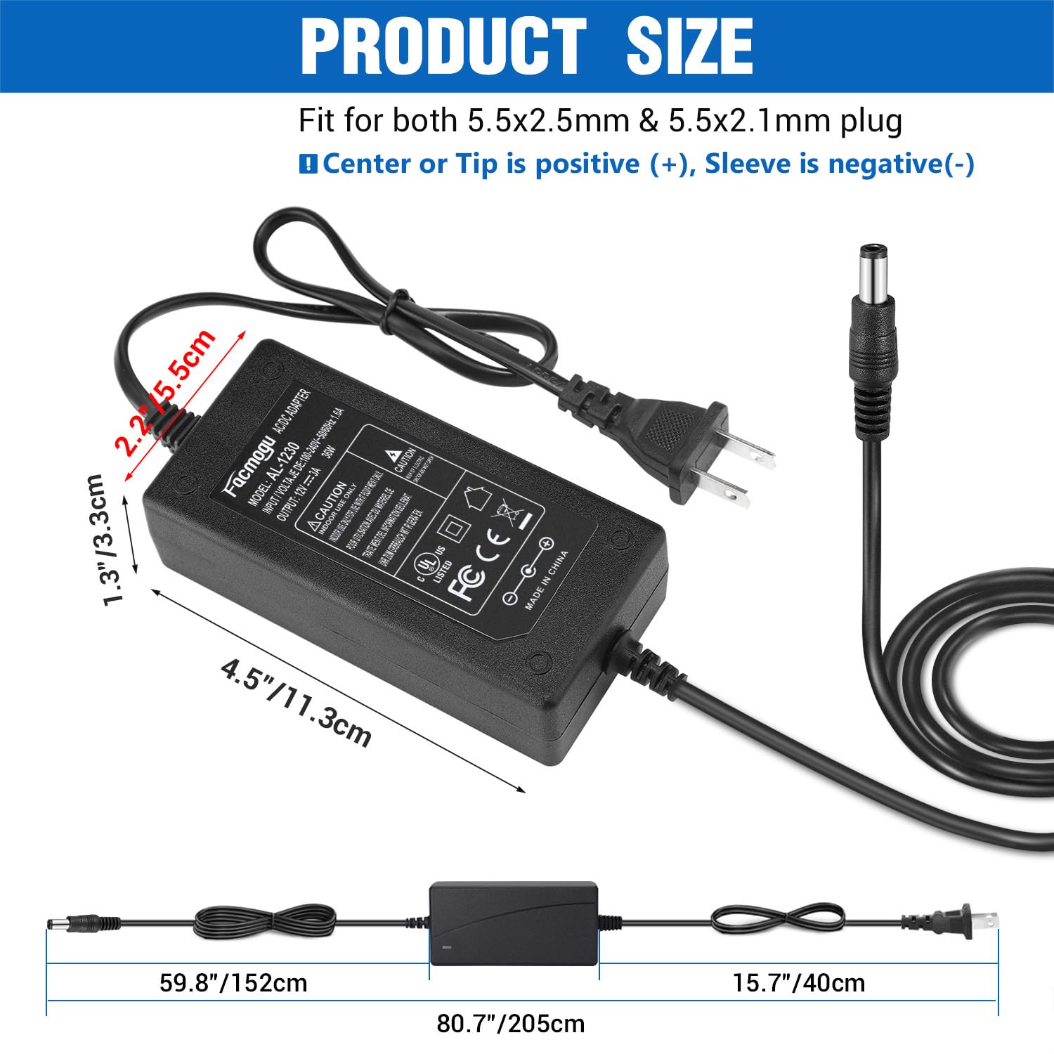 Facmogu DC 12V 3A Power Adapter, 100-240V AC to DC 12V 3A 36W Power Suppy with Barrel Connector 5.5x2.5mm & 5.5x2.1mm, 12 Volt 3 Amp Desktop Adpater 12V 3A Switching Transformer AC/DC Power Converter