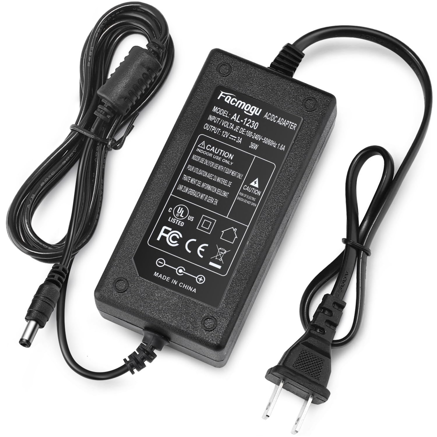 Facmogu DC 12V 3A Power Adapter, 100-240V AC to DC 12V 3A 36W Power Suppy with Barrel Connector 5.5x2.5mm & 5.5x2.1mm, 12 Volt 3 Amp Desktop Adpater 12V 3A Switching Transformer AC/DC Power Converter
