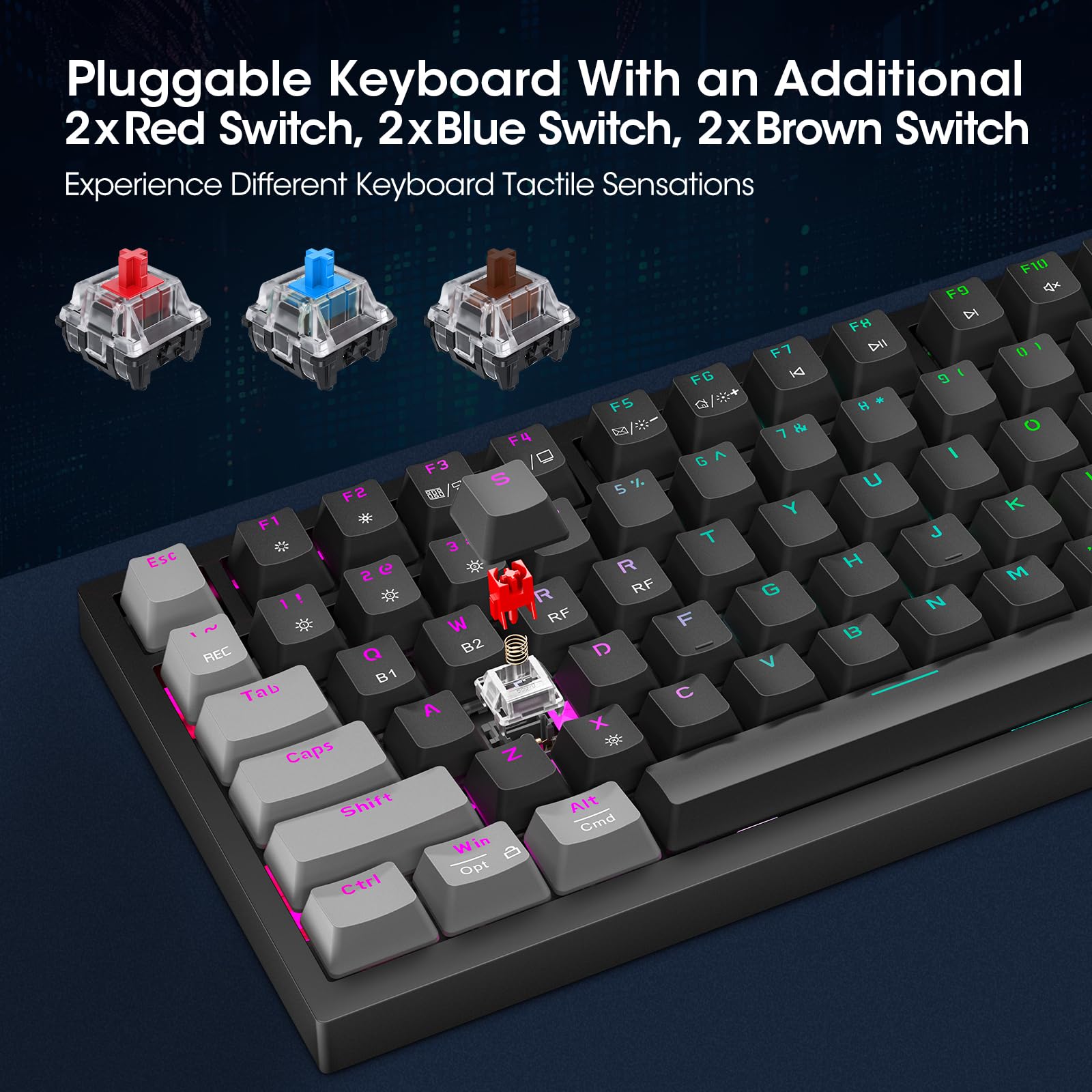 KOORUI 75% Wireless RGB Gaming Keyboard,3 Mode BT/2.4Ghz/USB-C Hot Swappable Mechanical Keyboard,Compact 82 Keys with 4000mAh Battery & Dedicated Knob Control,Clicky Blue Switch