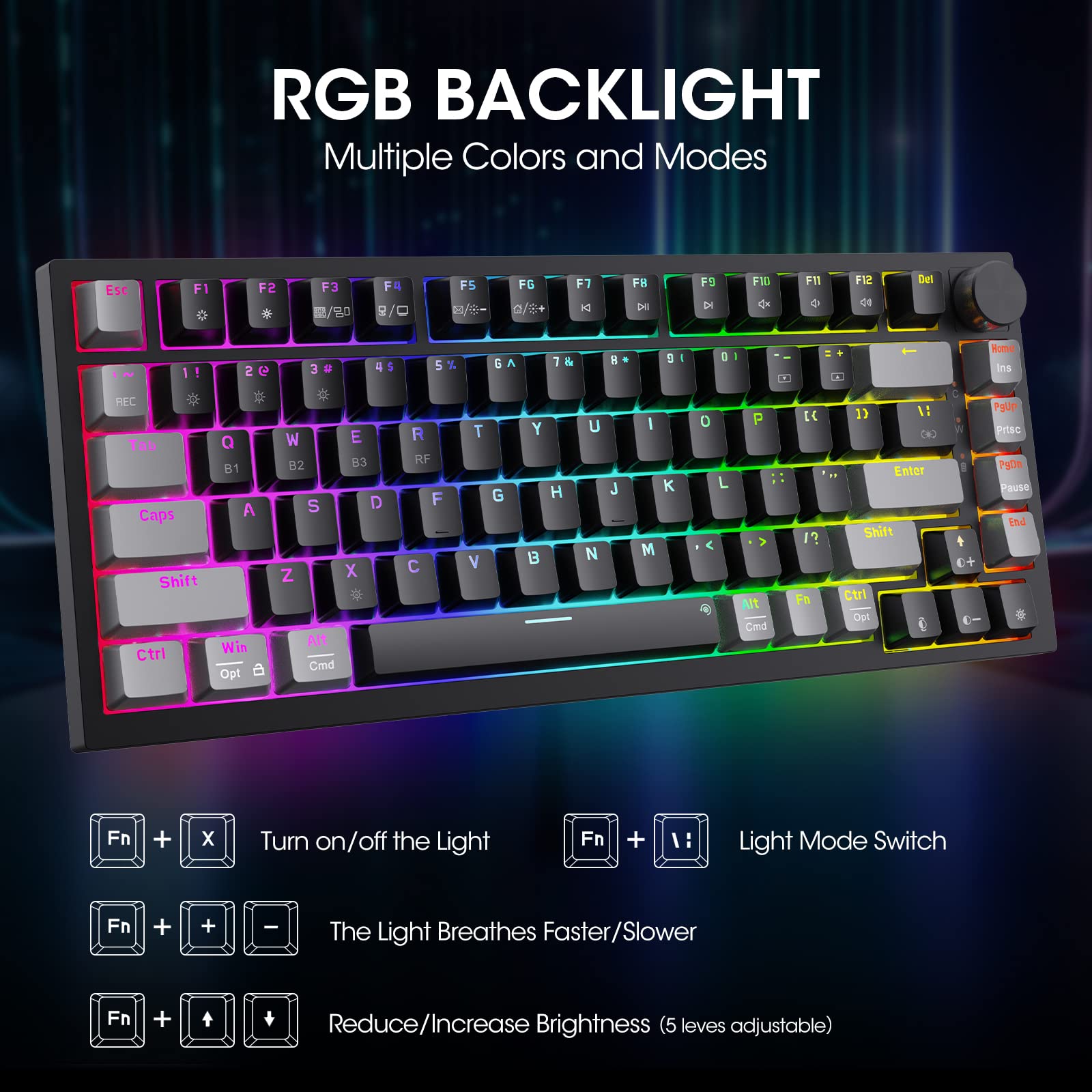 KOORUI 75% Wireless RGB Gaming Keyboard,3 Mode BT/2.4Ghz/USB-C Hot Swappable Mechanical Keyboard,Compact 82 Keys with 4000mAh Battery & Dedicated Knob Control,Clicky Blue Switch