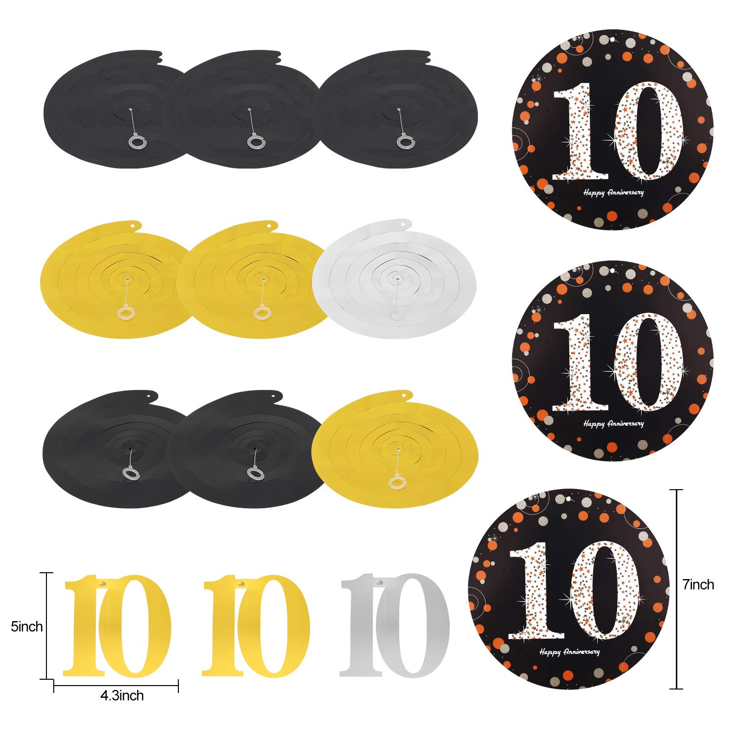 Yoaokiy 10 Year Anniversary Decorations Supplies Kit - Happy 10th Anniversary Banner, 9 Hanging Swirls, 6 Poms - 10th Wedding Anniversary Party Decorations…