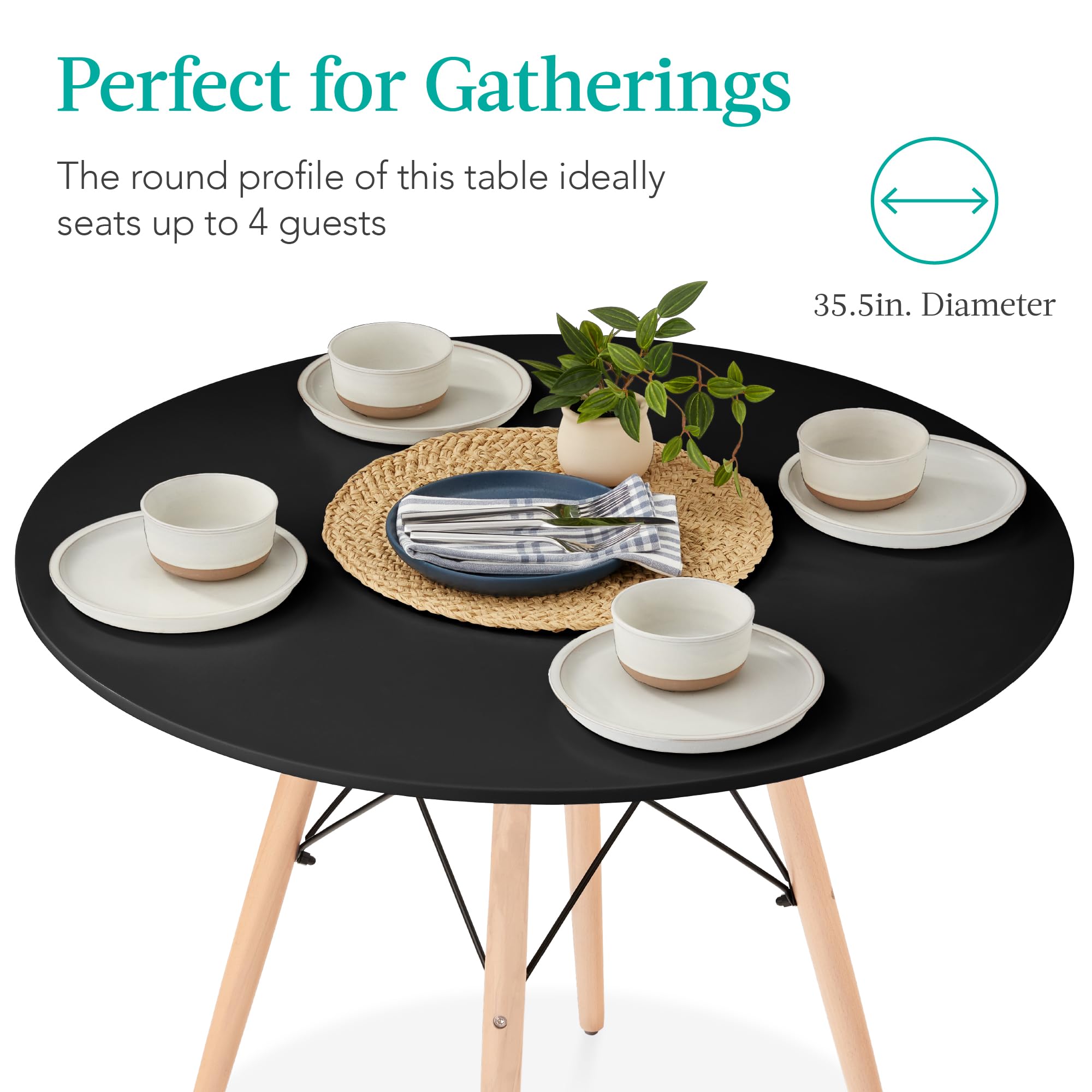 Best Choice Products 35.5in Round Dining Table, Compact Mid-Century Modern Table for 2-4, Home, Kitchen, Apartment w/Beech Wood Legs, Metal Frame - Black
