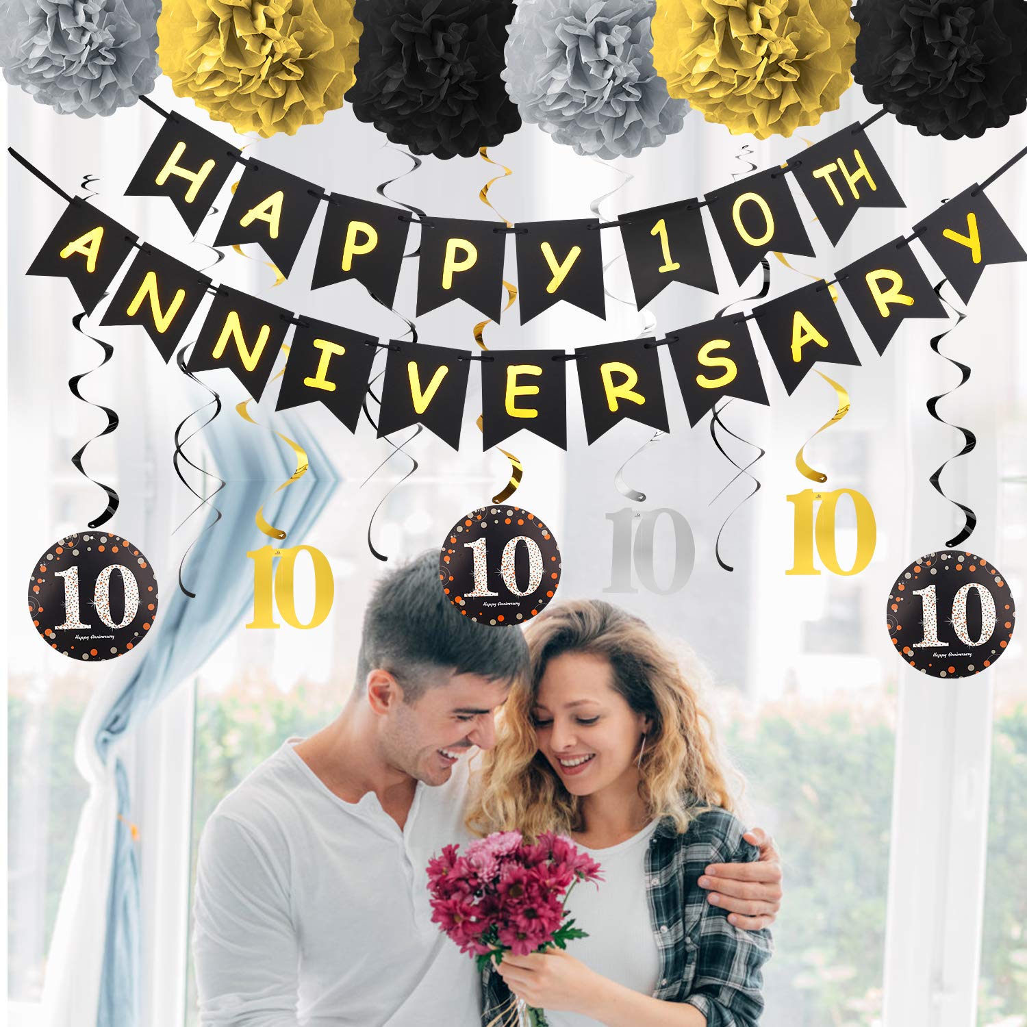 Yoaokiy 10 Year Anniversary Decorations Supplies Kit - Happy 10th Anniversary Banner, 9 Hanging Swirls, 6 Poms - 10th Wedding Anniversary Party Decorations…