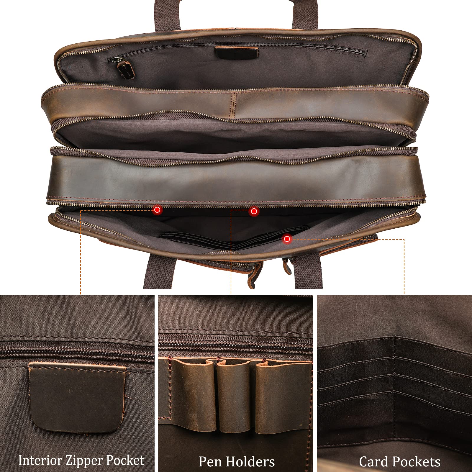 Polare 18.5” Full Grain Leather Laptop Briefcase Messenger Work Bag Overnight Bag For Men X-Large Fits 17.3” Laptop