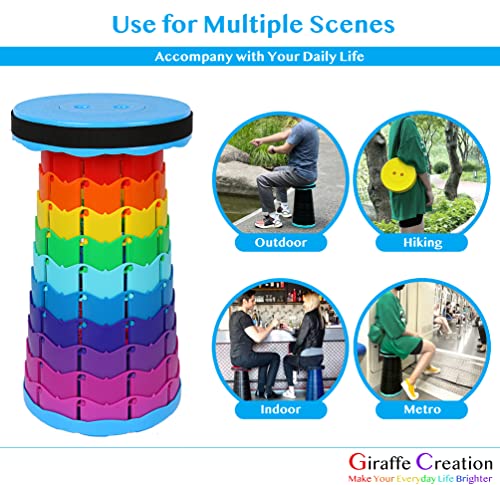 Giraffe Creation Upgraded Folding Stool, Heavy Duty Collapsible Telescoping Stool with Load Capacity 400lbs, Portable Retractable Stool for Camping Fishing Hiking BBQ, Rainbow