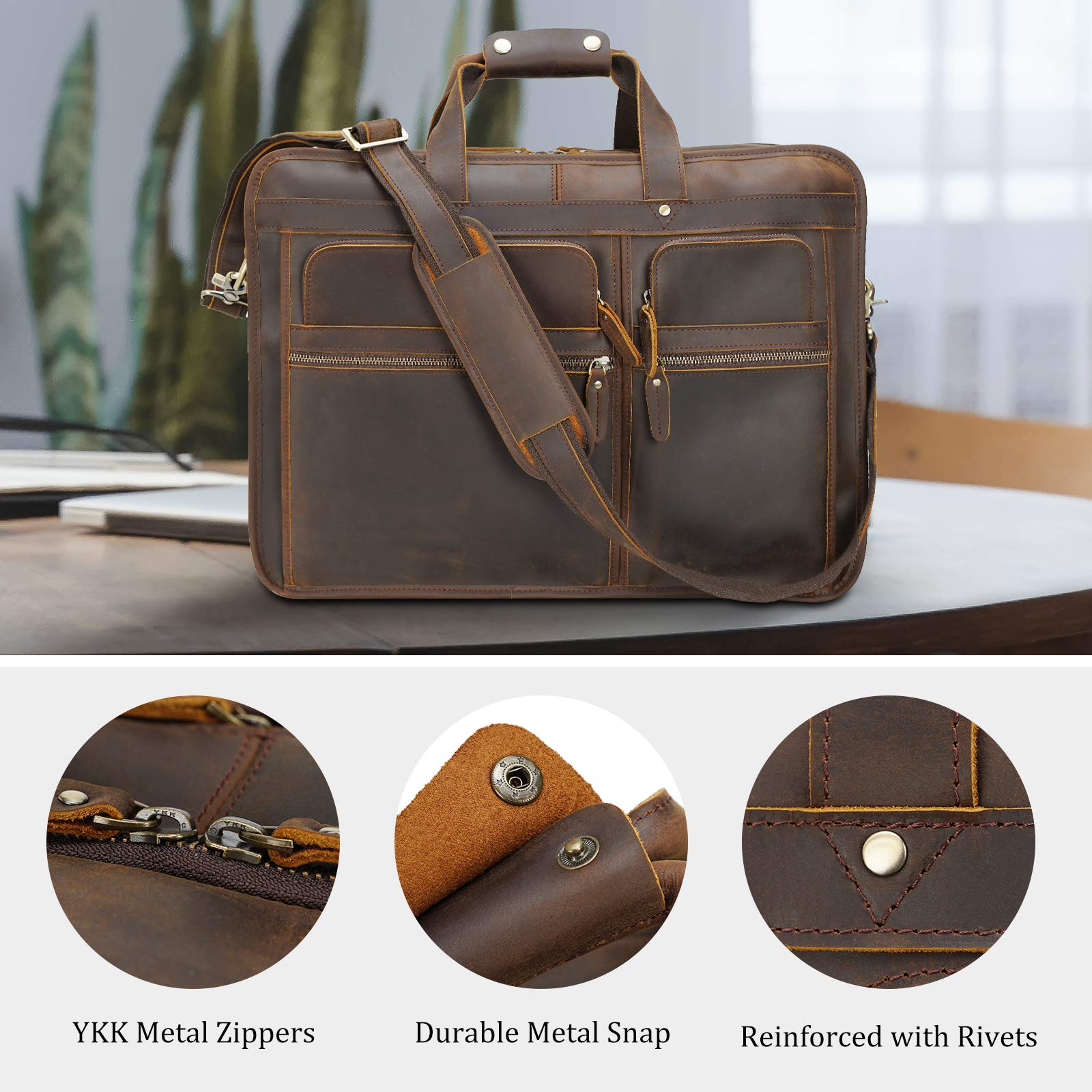 Polare 18.5” Full Grain Leather Laptop Briefcase Messenger Work Bag Overnight Bag For Men X-Large Fits 17.3” Laptop