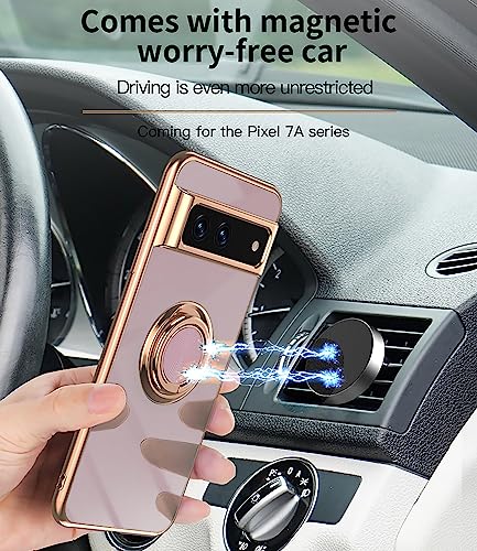 ZOEVEES for Google Pixel 7A Case with Screen Protector and Camera Protector, Built-in 360° Ring Holder Magnetic Stand, Luxury Electroplated Plating Edge Shockproof Protective Phone Cover, Pink