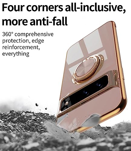 ZOEVEES for Google Pixel 7A Case with Screen Protector and Camera Protector, Built-in 360° Ring Holder Magnetic Stand, Luxury Electroplated Plating Edge Shockproof Protective Phone Cover, Pink
