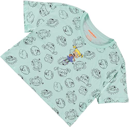 Nickelodeon Ladies 90's Fashion Shirt - Rugrats Angelica and Reptar Allover Crop Top Skimmer Tee (Mint, Small)